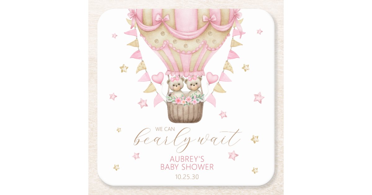 We Can Bearly Wait Twin Girl Baby Shower Square Paper Coaster | Zazzle