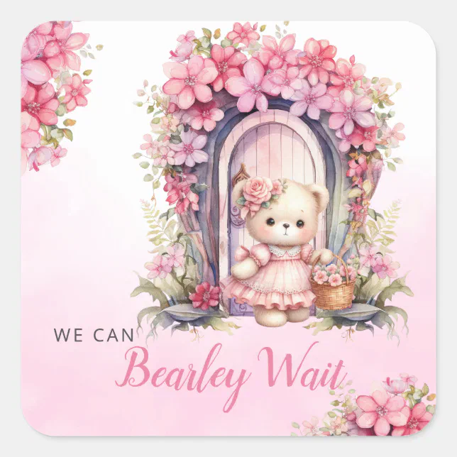 We can bearly wait watercolor pink baby shower sq square sticker | Zazzle