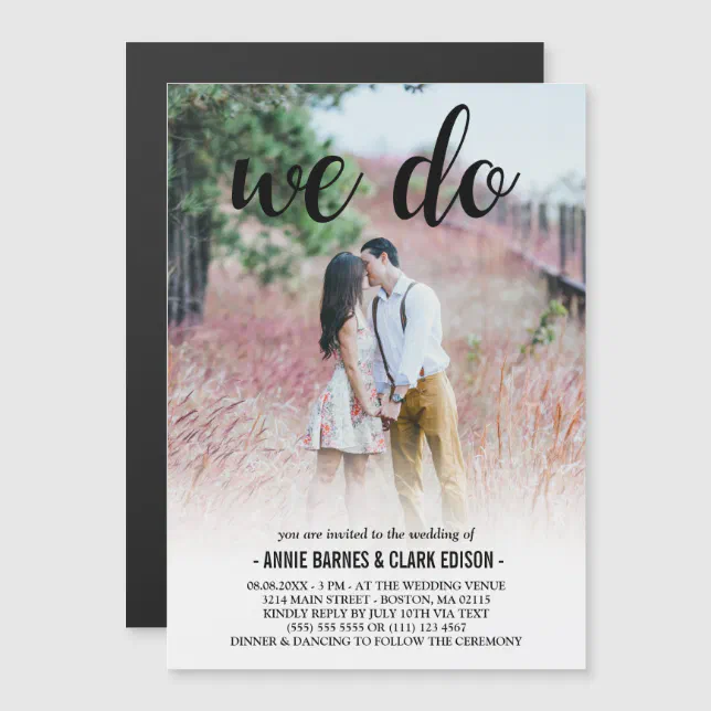 We Do Black Script Photo Wedding Magnetic Invitation | Zazzle
