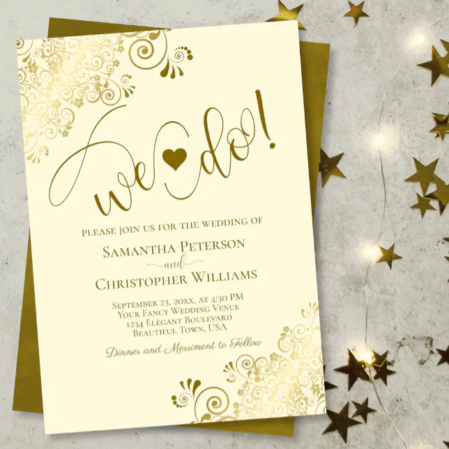 We Do! Elegant Frilly Gold & Ivory Cream Wedding Invitation | Zazzle