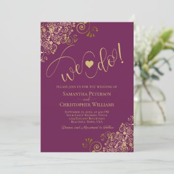 We Do! Elegant Frilly Magenta Berry & Gold Wedding Invitation | Zazzle