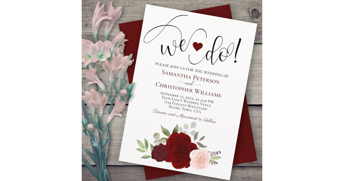 We Do! Elegant Red & Pink Roses Boho Wedding Invitation | Zazzle