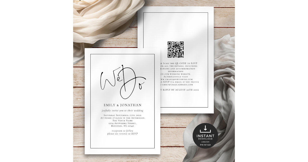 We Do Elegant Script Line Border QR Code Wedding Invitation | Zazzle