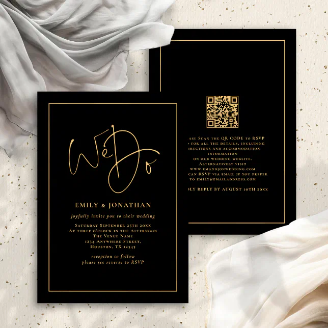 We Do Gold Script Line Border QR Black Wedding Invitation | Zazzle