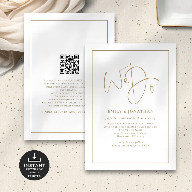 We Do Gold Script Line Border QR Code Wedding Invitation | Zazzle