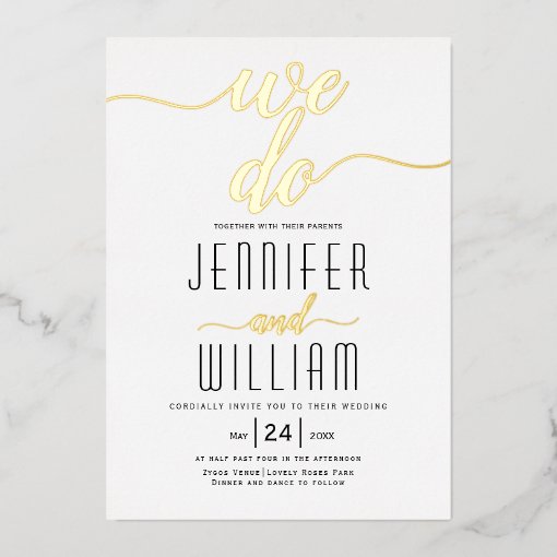 "We do" script calligraphy wedding real gold Foil Invitation | Zazzle