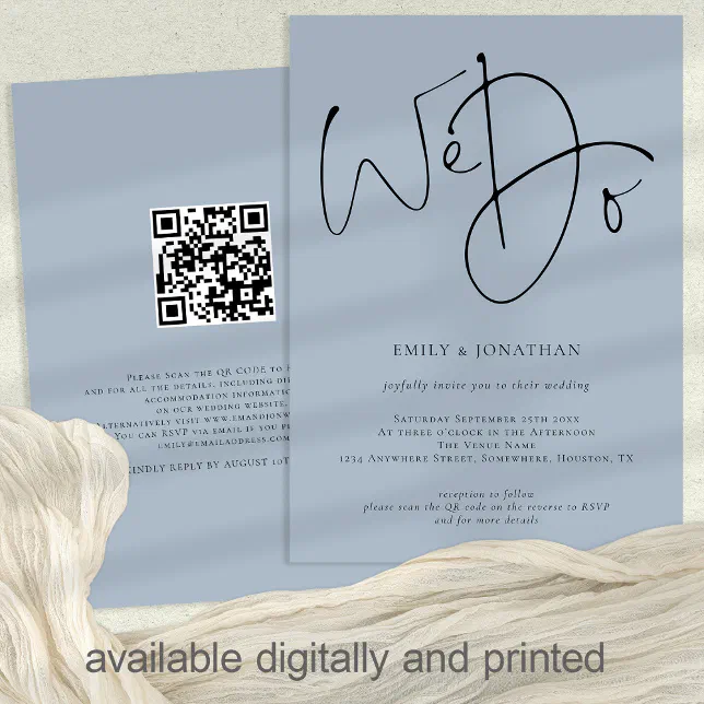 We Do Script Dusty Blue QR Code Wedding Invitation | Zazzle