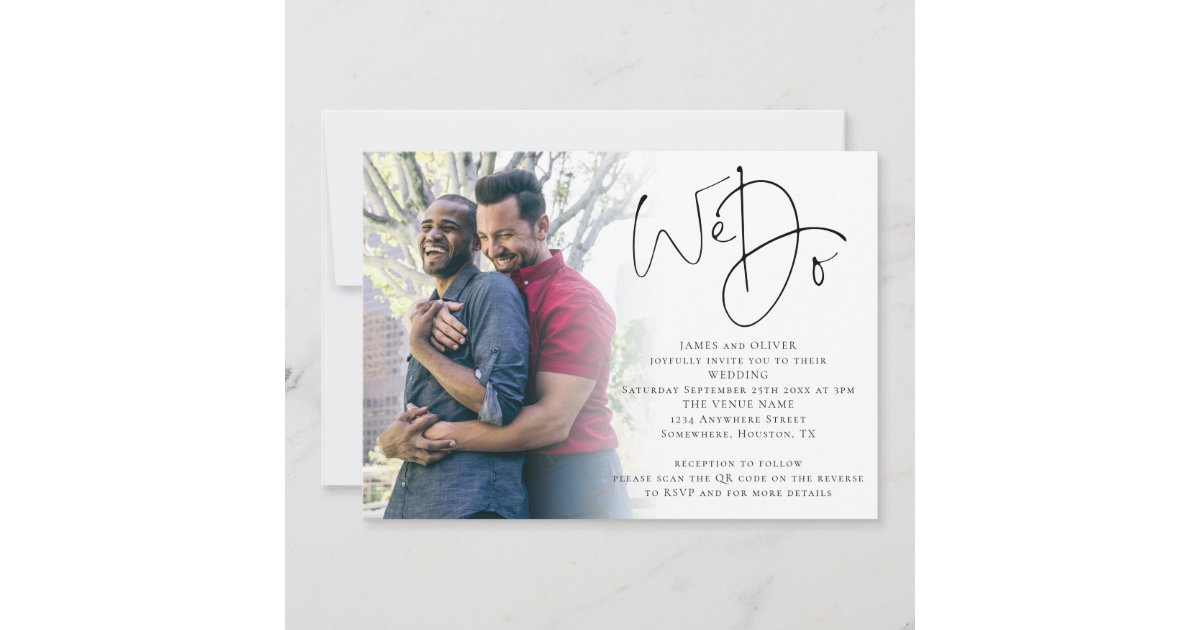 We Do Script Photo QR Code Gay Wedding Invitation | Zazzle