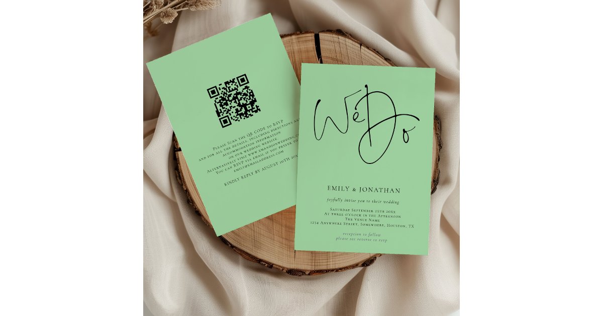 We Do Script QR Code Celadon Green Wedding Invitation | Zazzle