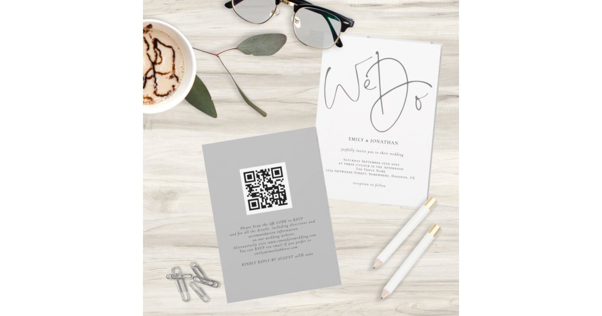 We Do Script QR Code Minimalist Gray Wedding Invitation | Zazzle