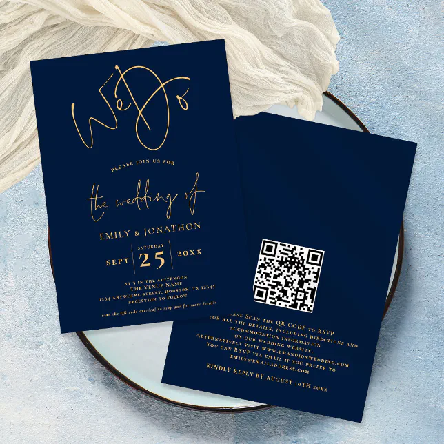 We Do Script QR Code Navy Blue Wedding Invitation | Zazzle