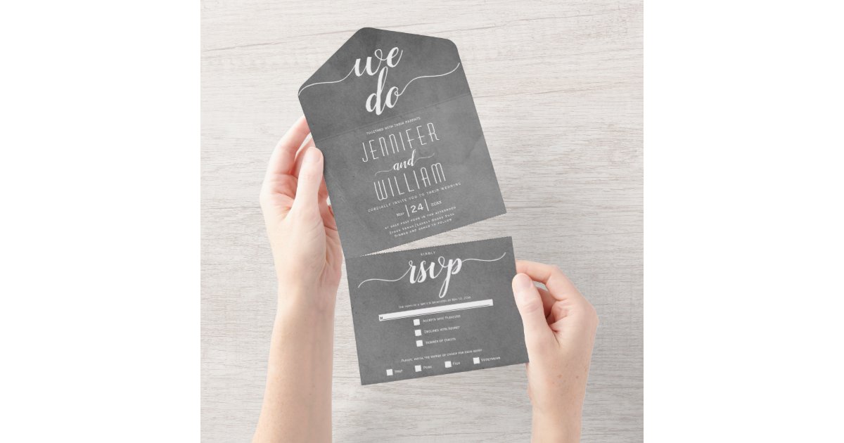 "We do" stained gray, script calligraphy wedding All In One Invitation ...