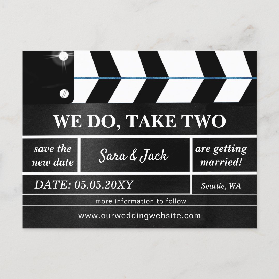We Do Take Two Movie Clapboard Wedding Postponed Announcement Postcard ...