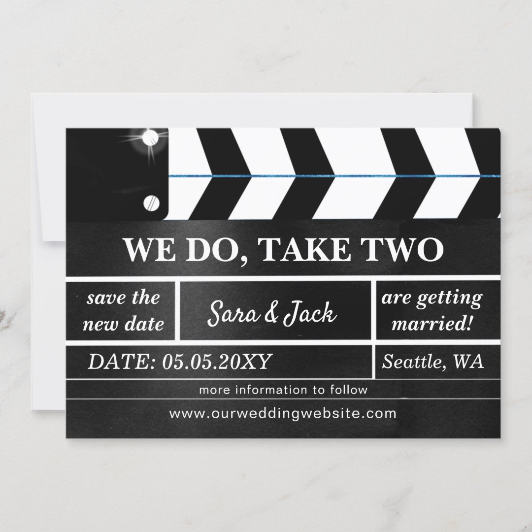 We Do Take Two Movie Clapboard Wedding Postponed Save The Date | Zazzle