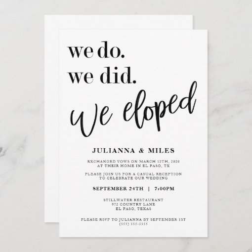 We Do We Did We Eloped Wedding Reception Invitatio Invitation | Zazzle