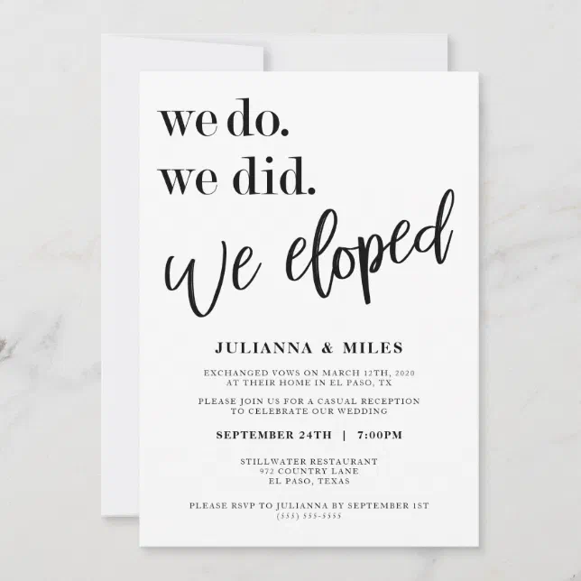 We Do We Did We Eloped Wedding Reception Invitatio Invitation | Zazzle