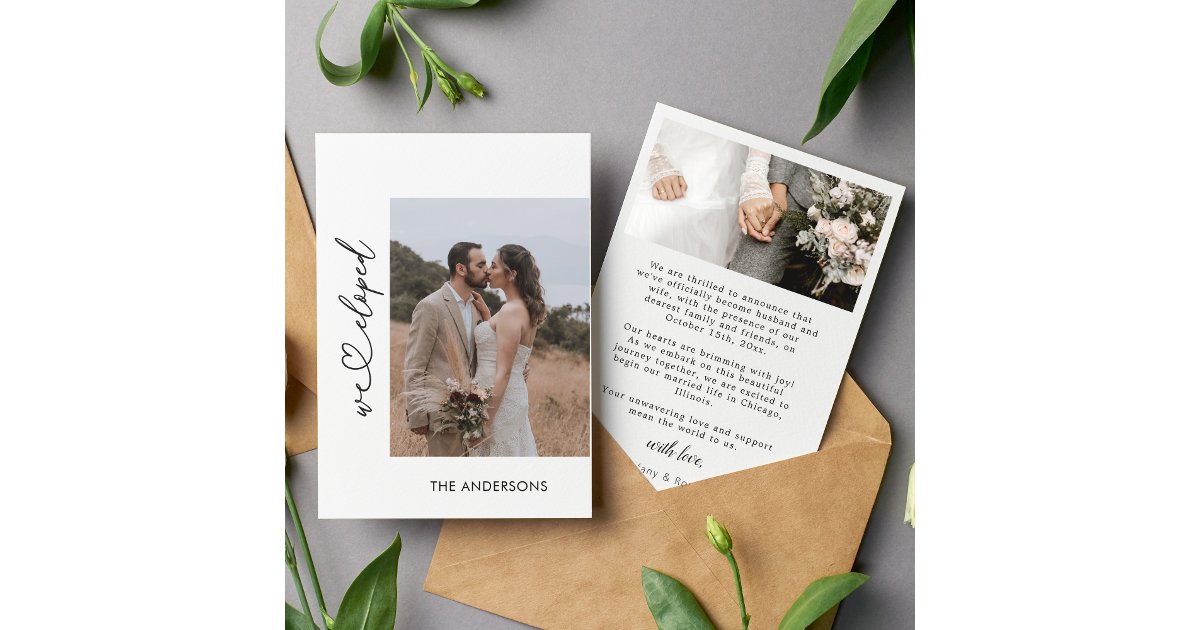 We Eloped 2 Photo Script Wedding Announcement | Zazzle