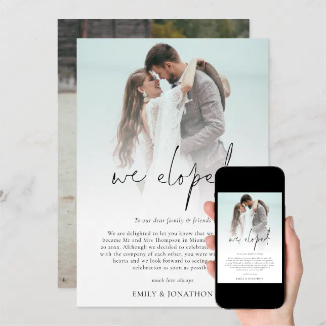 We Eloped 2 Photo Script Wedding Announcement card | Zazzle