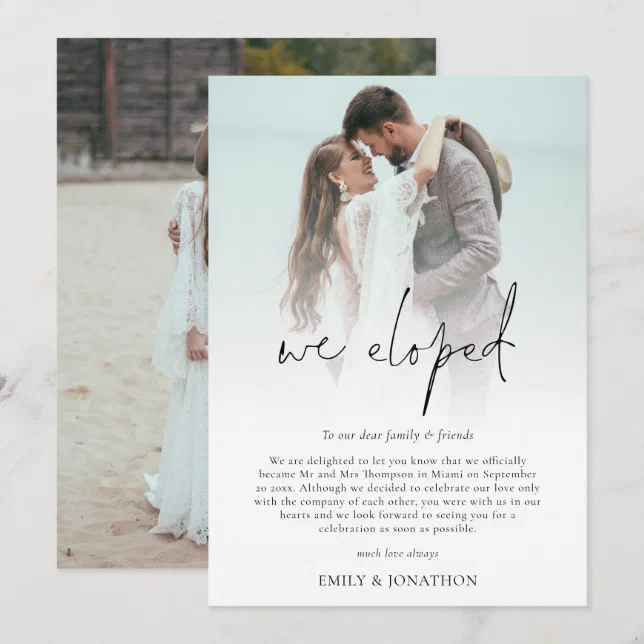 We Eloped 2 Photo Script Wedding Announcement card | Zazzle