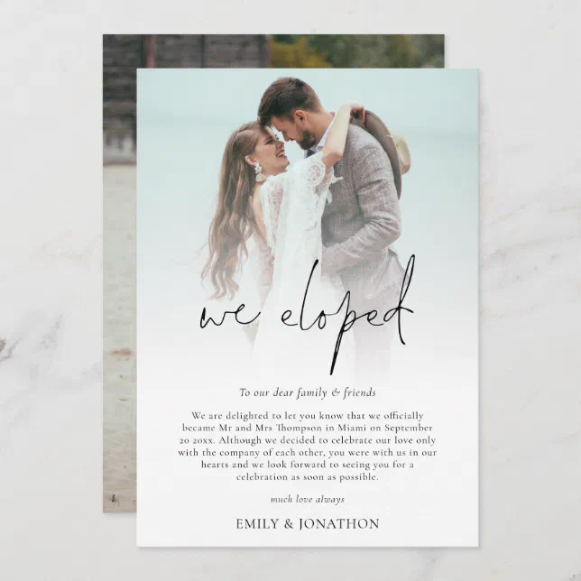 We Eloped 2 Photo Script Wedding Announcement card | Zazzle