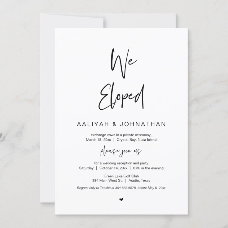 We eloped, Black font, Wedding Elopement Party Invitation | Zazzle
