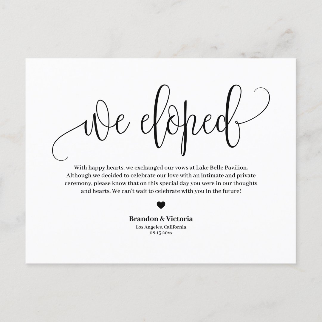 We Eloped | Black Pretty Script Wedding Elopement Announcement Postcard ...
