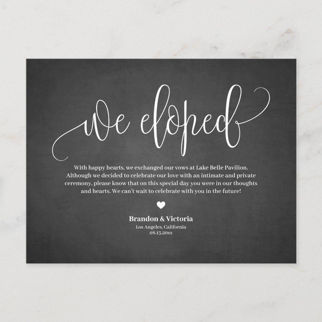 We Eloped | Chalkboard Pretty Script Elopement Announcement Postcard ...