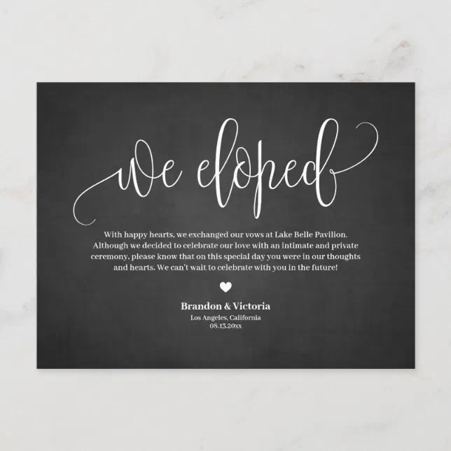 We Eloped | Chalkboard Pretty Script Elopement Announcement Postcard ...