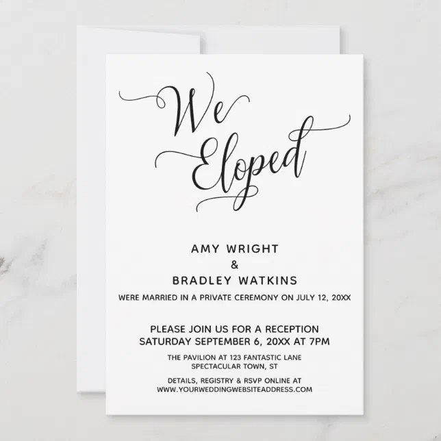 "We Eloped" Elegant Post-Wedding Reception Invitation | Zazzle