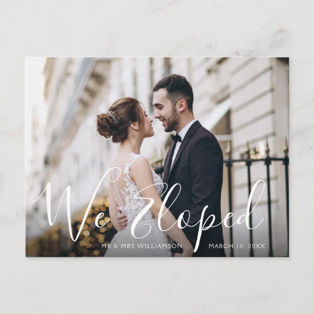 WE ELOPED | fun script wedding Announcement Postcard | Zazzle