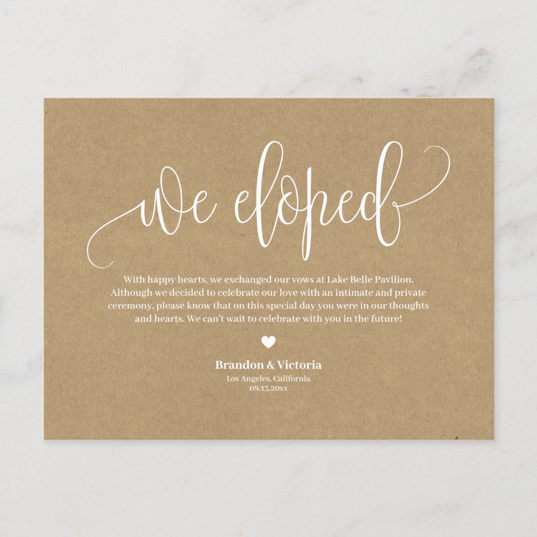 We Eloped | Kraft Paper Pretty Script Elopement Announcement Postcard ...