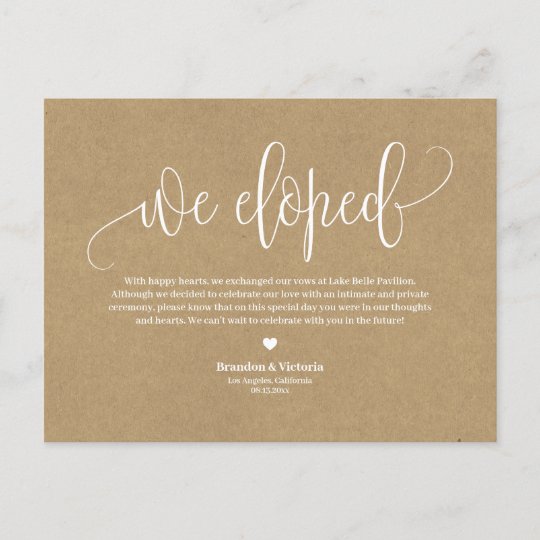 We Eloped | Kraft Paper Pretty Script Elopement Announcement Postcard ...