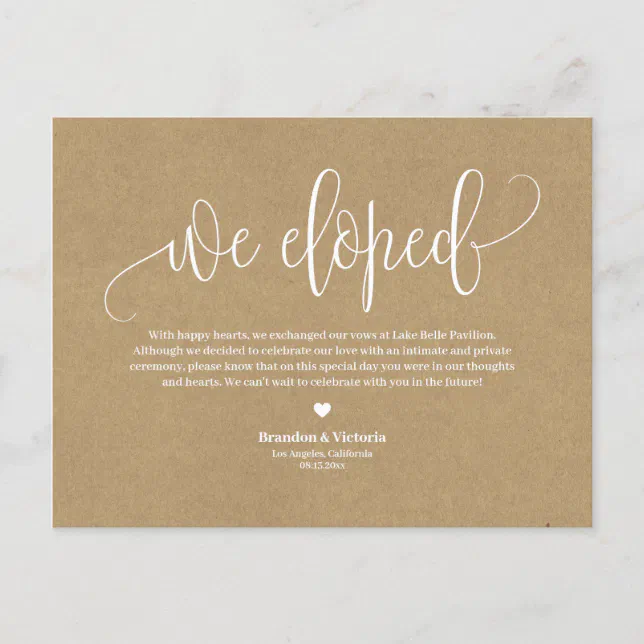 We Eloped | Kraft Paper Pretty Script Elopement Announcement Postcard ...