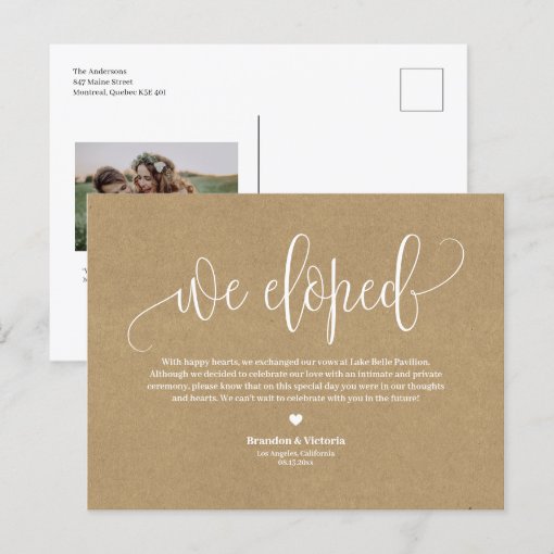 We Eloped | Kraft Paper Pretty Script Elopement Announcement Postcard ...
