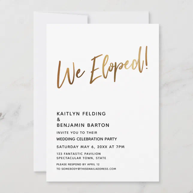 We Eloped! Minimal Gold Calligraphy Celebration Invitation | Zazzle