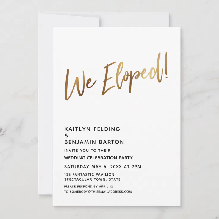 We Eloped! Minimal Gold Calligraphy Celebration Invitation | Zazzle
