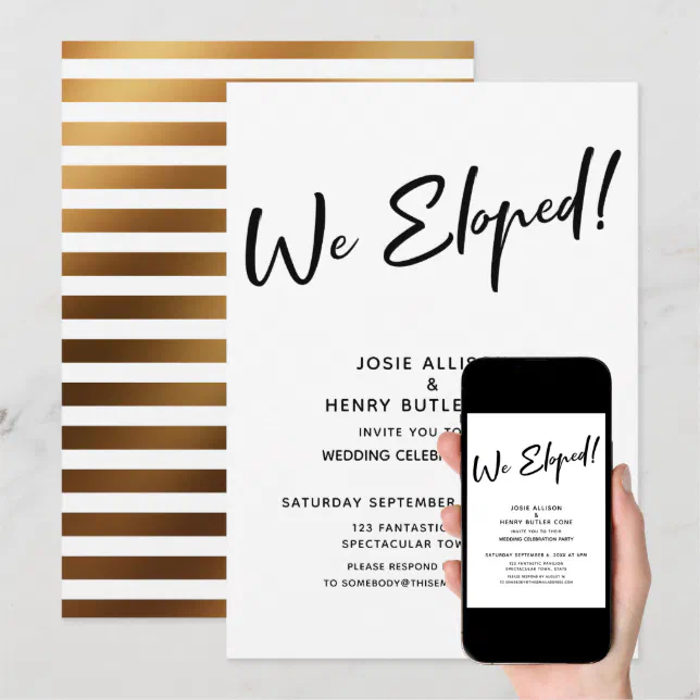 We Eloped! Modern Wedding Reception + Gold Stripes Invitation | Zazzle