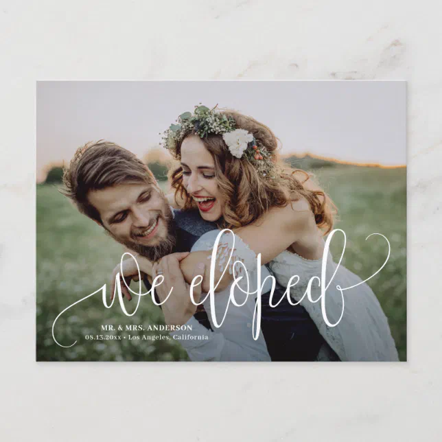 We Eloped | Pretty Script Photo Elopement Announcement Postcard | Zazzle