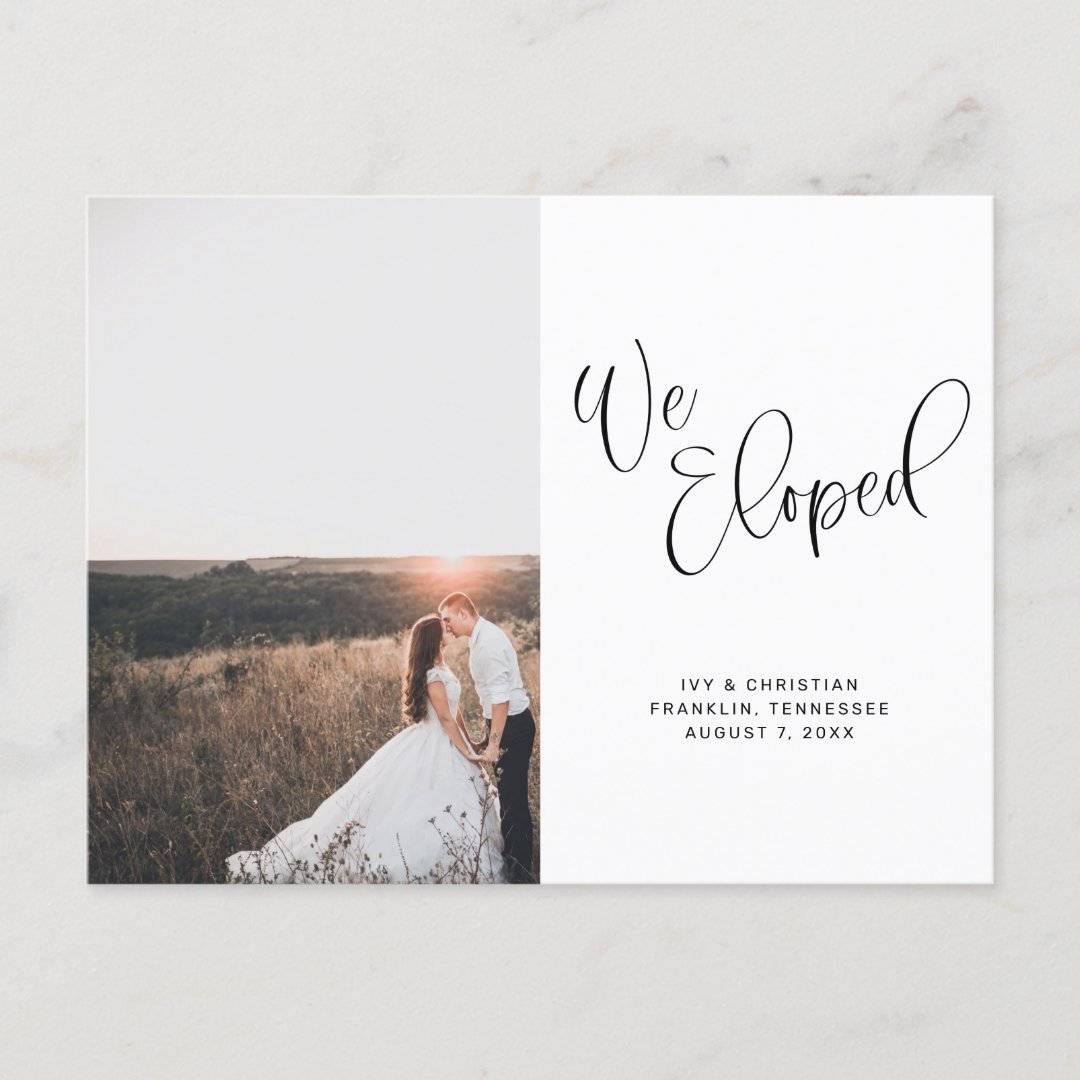 We Eloped Script Photo Announcement Postcard | Zazzle