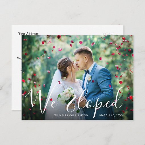 WE ELOPED | script wedding Announcement Postcard | Zazzle