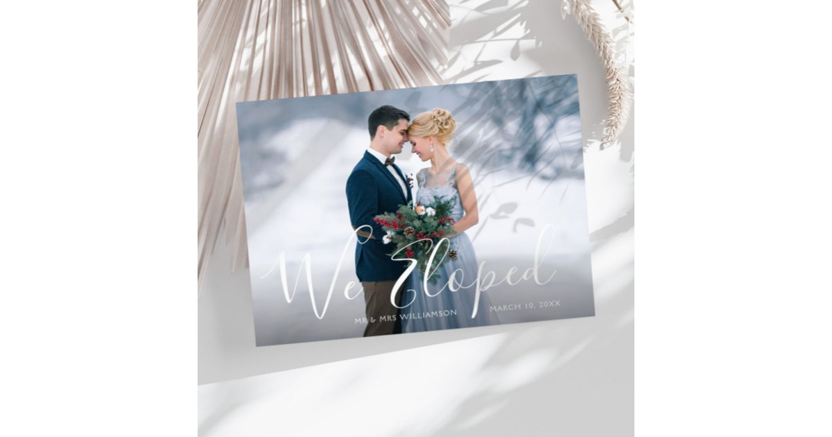 WE ELOPED | white lettering wedding Announcement Postcard | Zazzle
