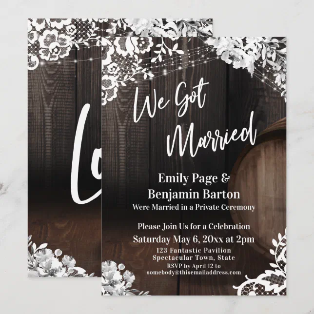 We Got Married Rustic Wood Barrel Lights Flowers Invitation | Zazzle