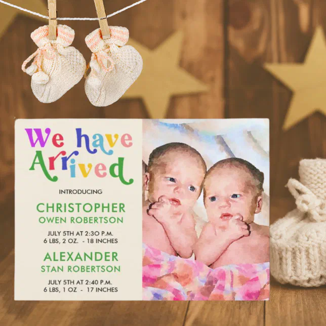 We Have Arrived Photo Twin Baby Birth Announcement | Zazzle