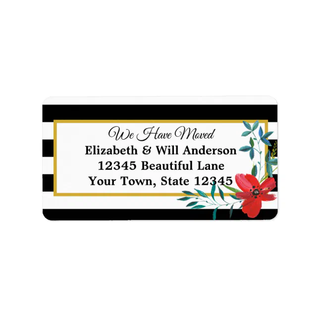 We Have Moved Black and White Stripes with Flower Label | Zazzle