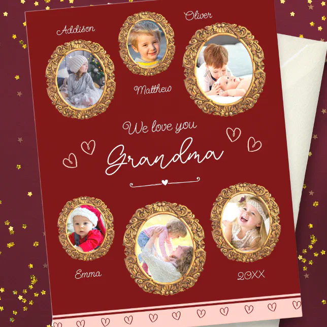 We Love You Grandma Six Photo with Text Red Heart Postcard | Zazzle