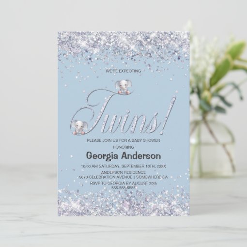We’re Expecting Twins Blue Elephant Glitter Invitation | Zazzle