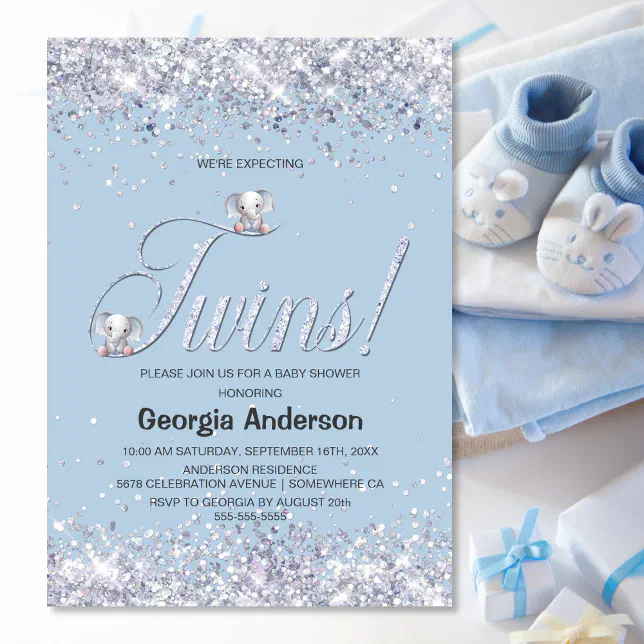 We’re Expecting Twins Blue Elephant Glitter Invitation | Zazzle