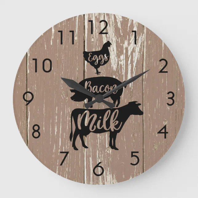 Weathered Barnboards Eggs Bacon Milk Animals Large Clock | Zazzle