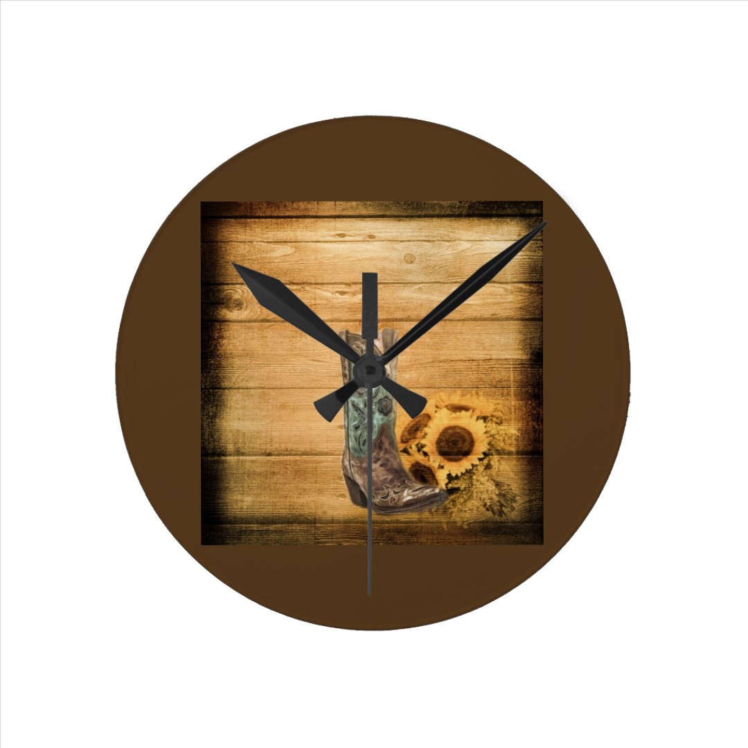 Weathered Western Country sunflower cowboy boot Round Clock | Zazzle
