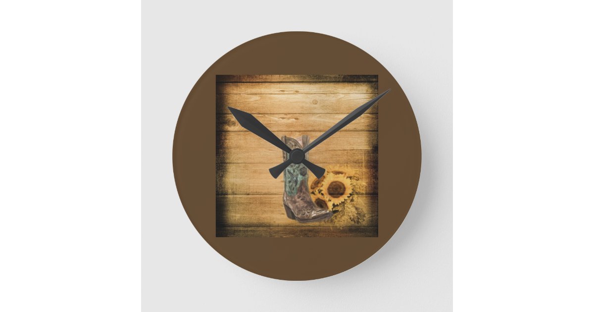 Weathered Western Country sunflower cowboy boot Round Clock | Zazzle